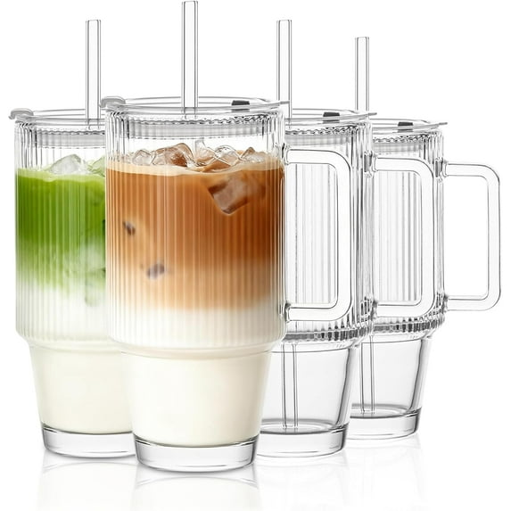 4PCS 24oz Ribbed Glass Tumblers with Lids & Straws – Textured Handle ...