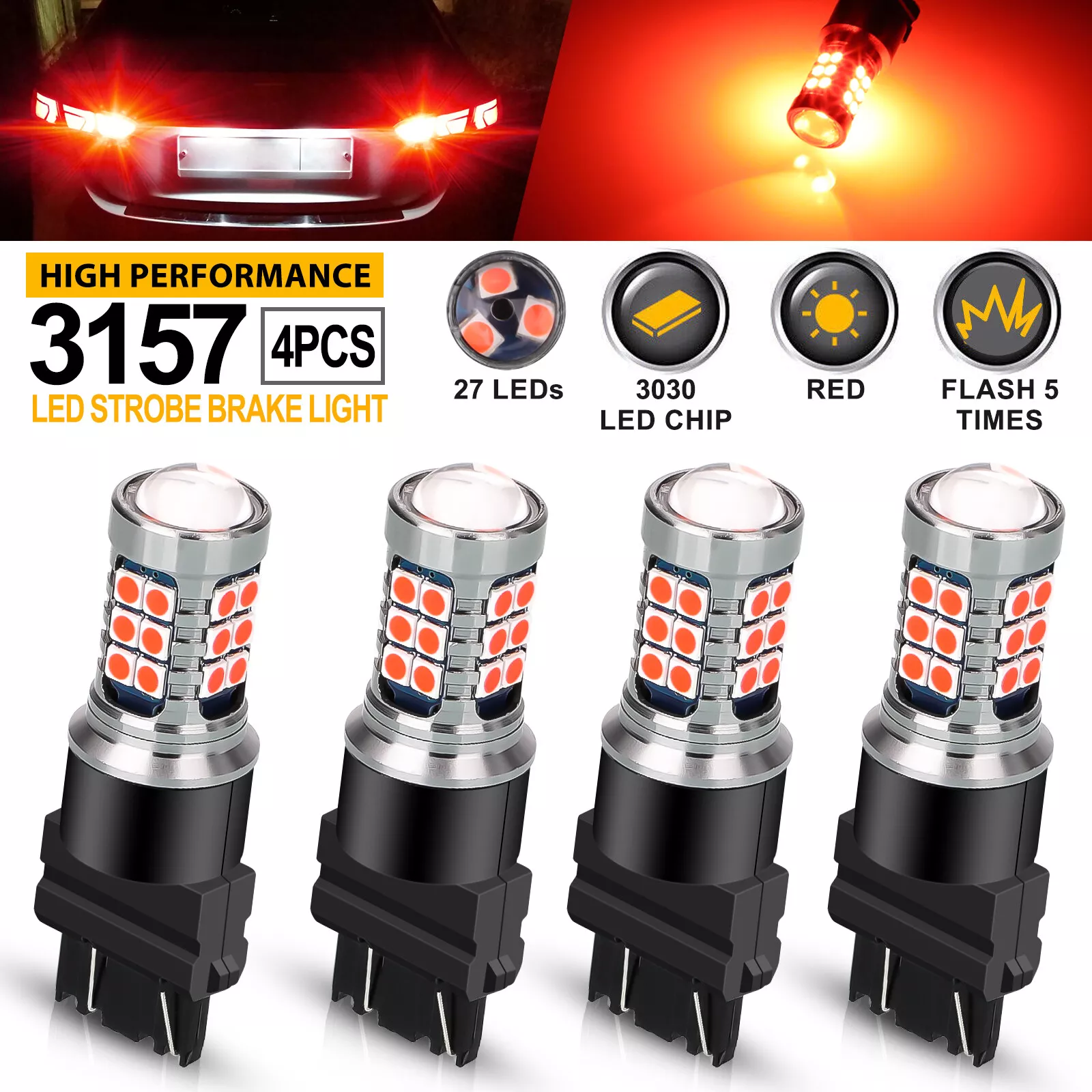 4PCS 3157 LED Red Strobe Flash Blinking Brake Stop Tail Light Parking ...