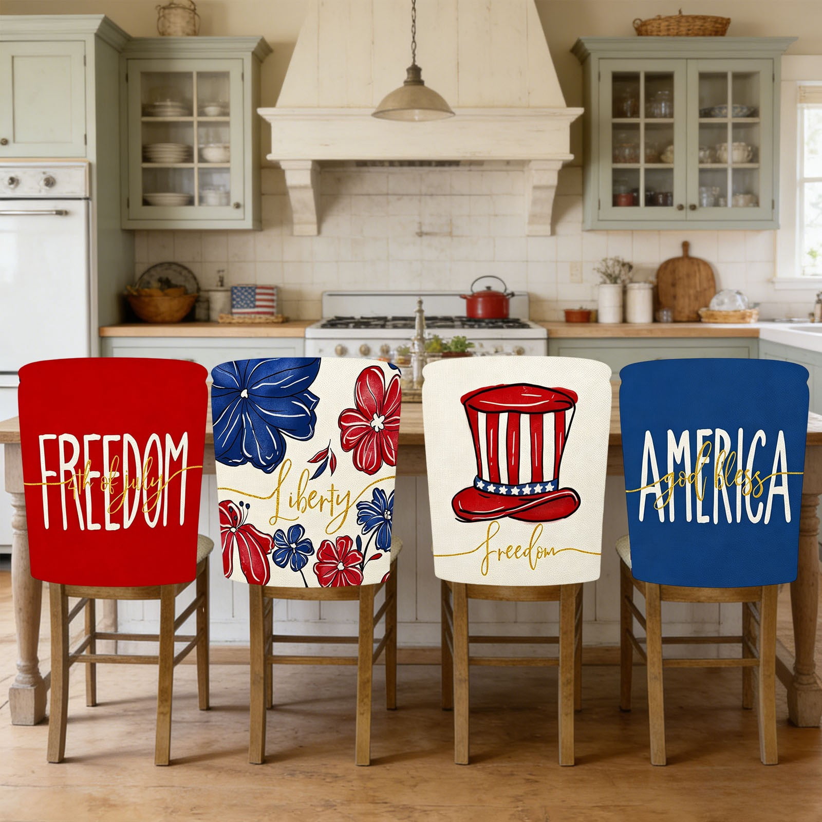 4PCS 4th of July Patriotic Chair Cover Set - Soft Fabric Dining Seat ...