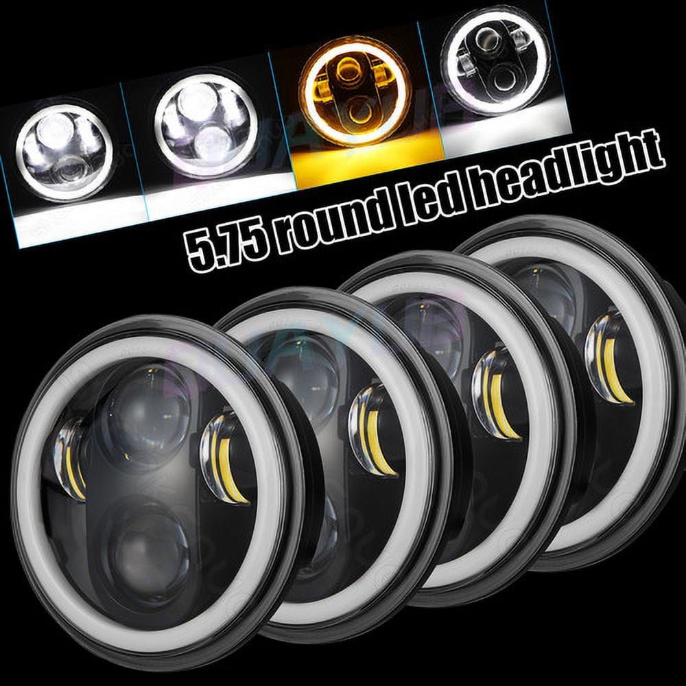 4PCS 5-3/4" 5.75 Inch Round LED Amber Halo Angel Eyes Glass Lens ...