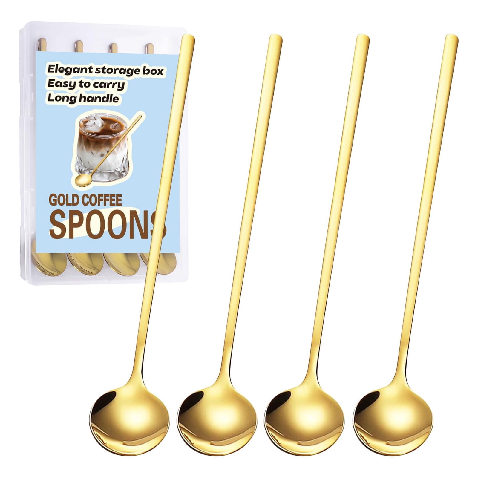 pearoft, Luxury Gold Coffee Spoons Set, 4PCS 17cm Stainless Steel Long ...