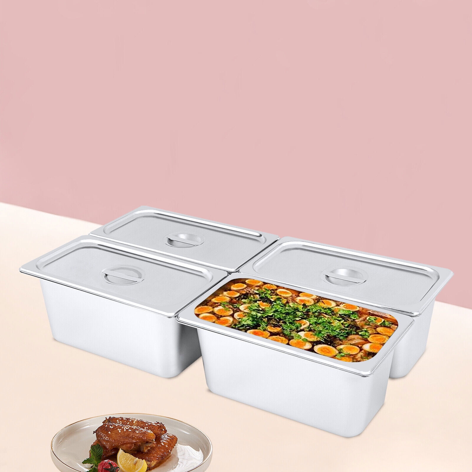 4PCS 6" Deep Stainless Steel Steam Table Pans W/ Lids 1/3 Size Hotel ...