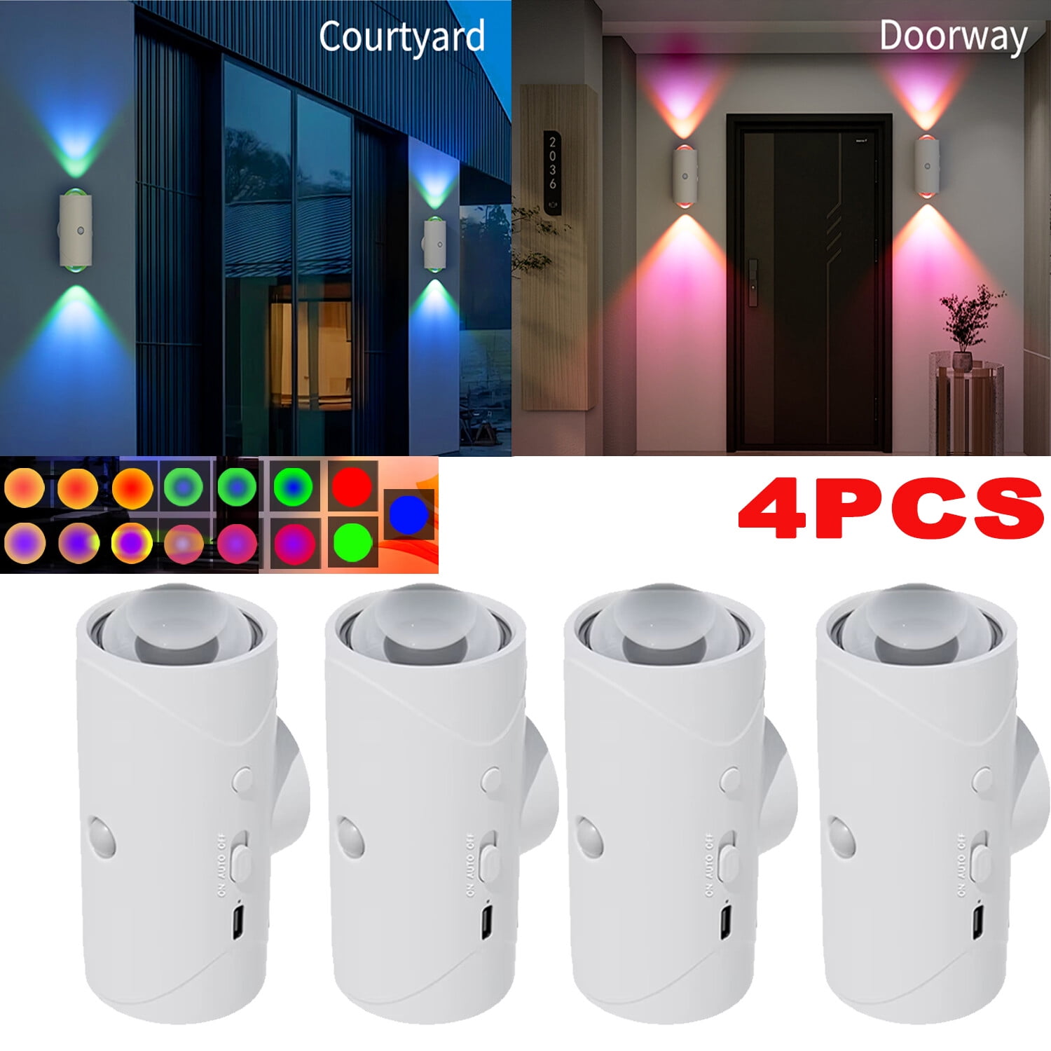 4PCS 7 Color LED Wall Lights Motion Sensor Light USB Rechargeable Night ...