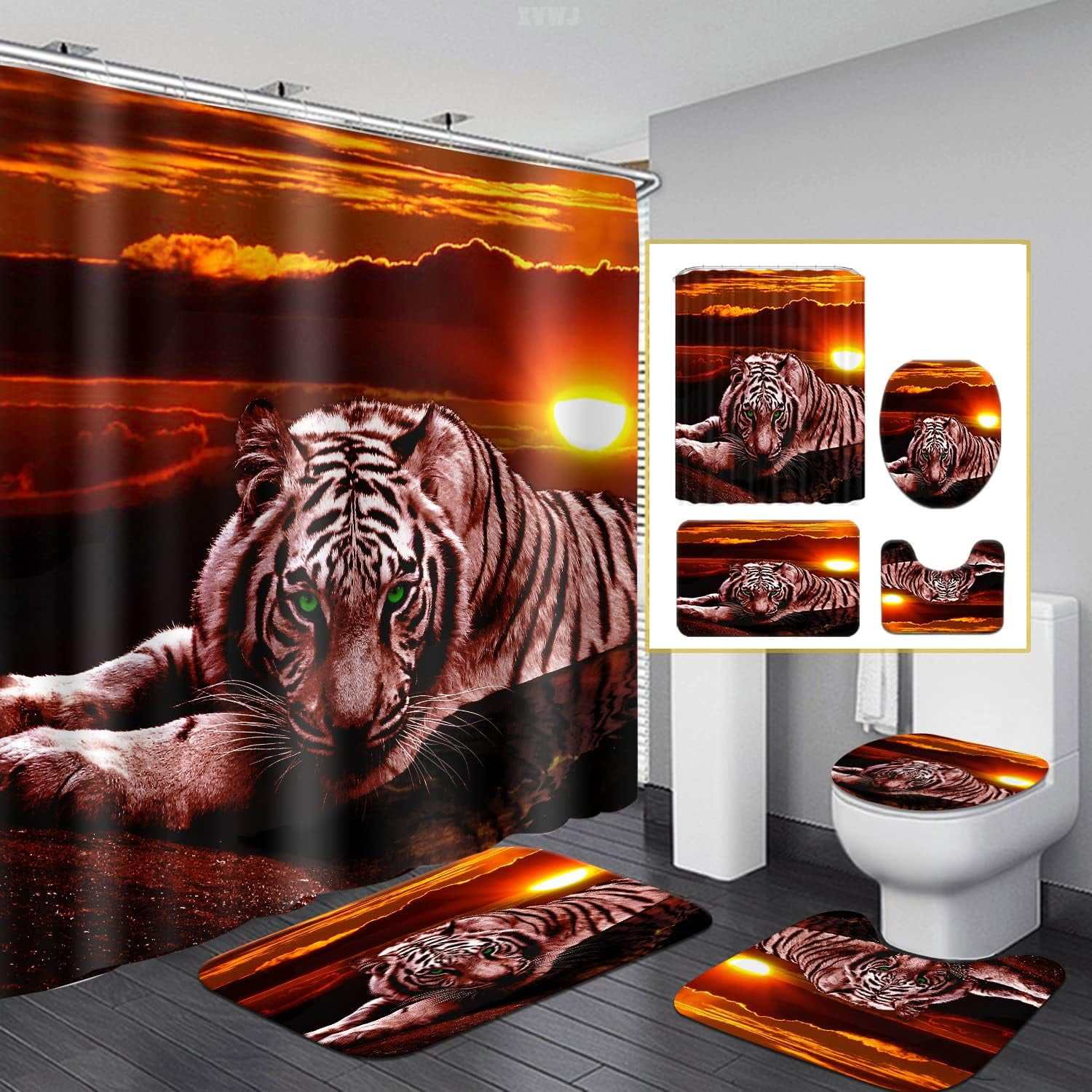 4PCS African Lion King Queen with Crown Shower Curtains with Non- Rugs ...