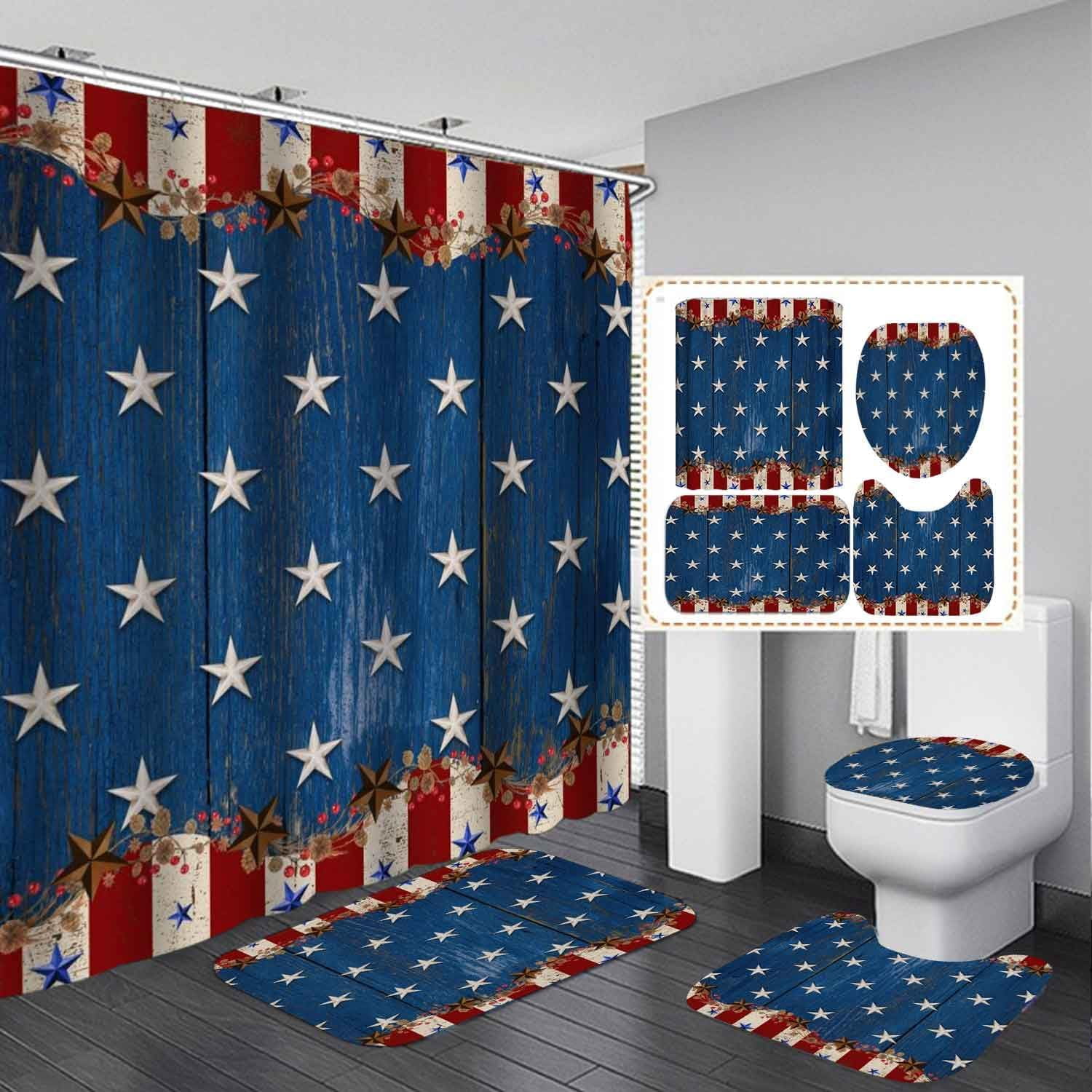 4PCS American Flag Shower Curtain Sets with Rugs, Waterproof Fabric ...