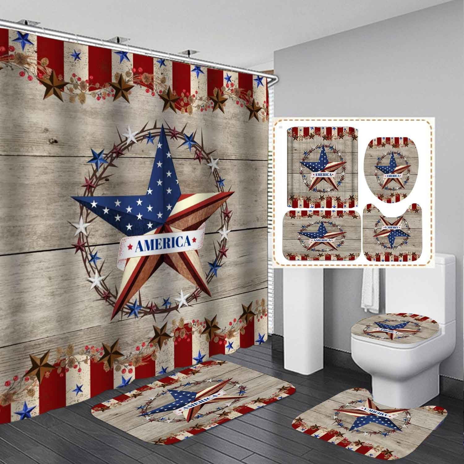 4PCS American Flag Shower Curtain Sets with Rugs, Waterproof Fabric ...