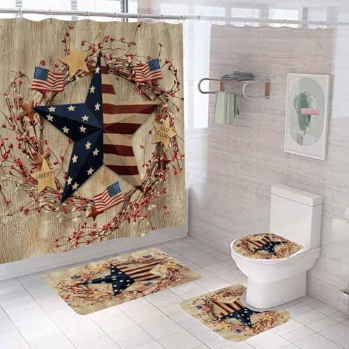 4PCS American Flag Texas Star Shower Curtain Sets with Rugs, Waterproof ...