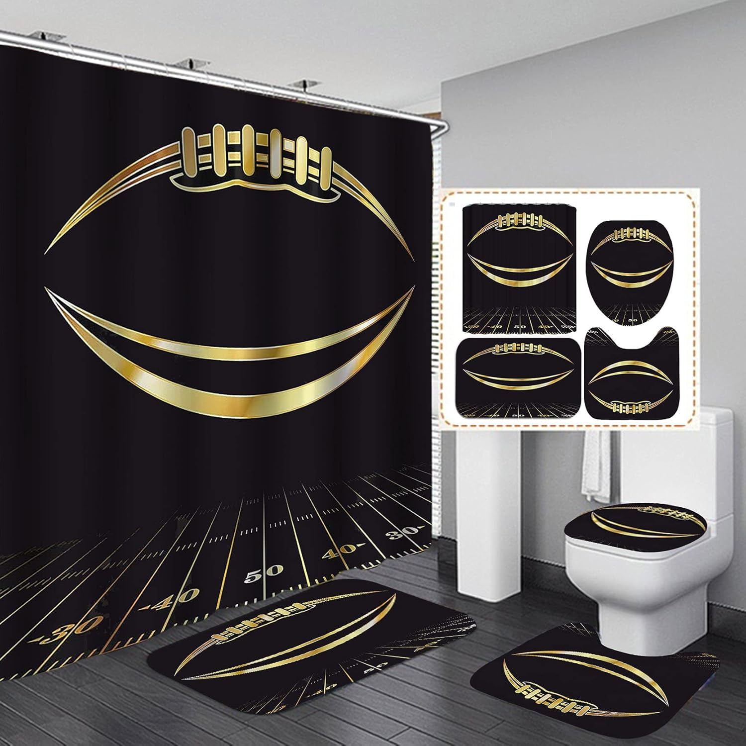 4PCS American Football Shower Curtain Set, Rugby Modern Cool Sports Men ...
