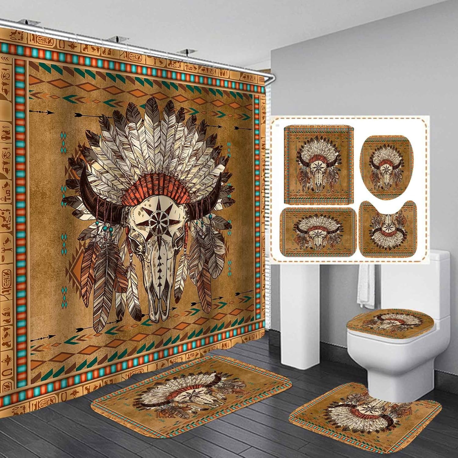 4PCS Aztec Cow Skull Shower Curtain Set, Bull Skull Tribal Boho Feather ...