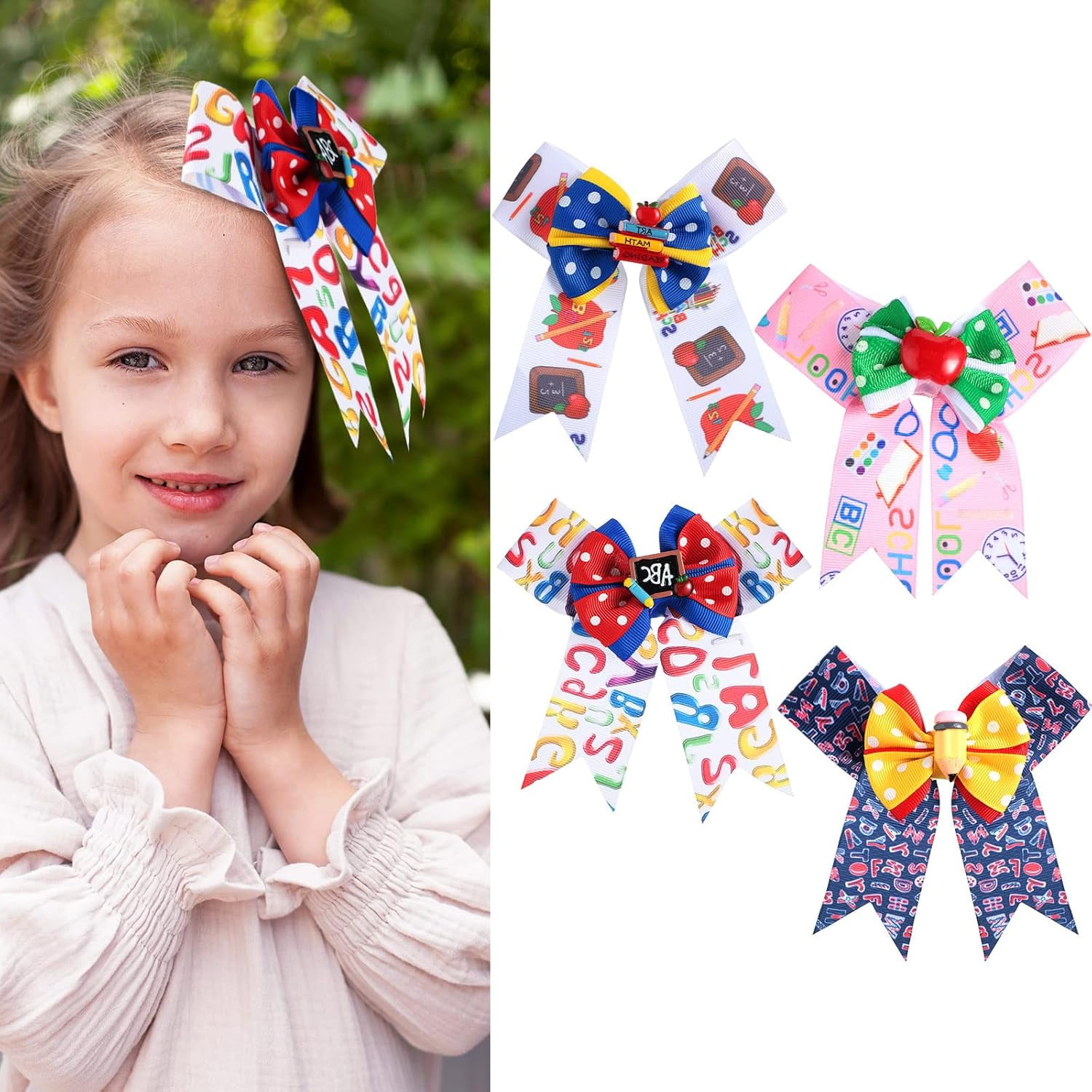 4PCS Back to School Hair Bows Alligator Clips for Girls Gift Ribbon ...