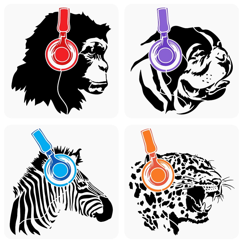 4PCS Banksy Animal Headphones Painting Stencils 11.8x11.8 inch Reusable ...