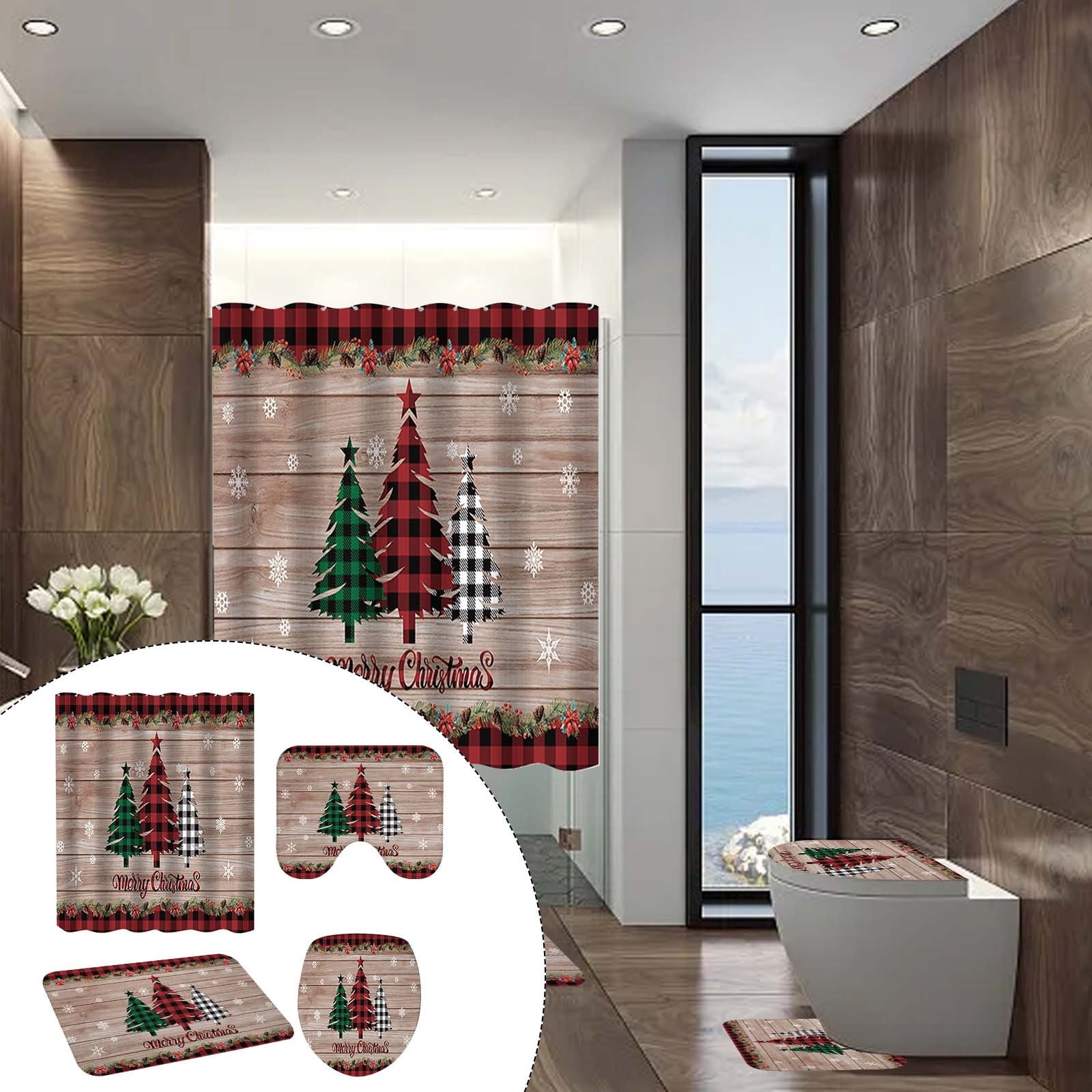 4PCS Bathroom Mat Sets, Buffalo Check Plaid Merry Christmas Trees on ...