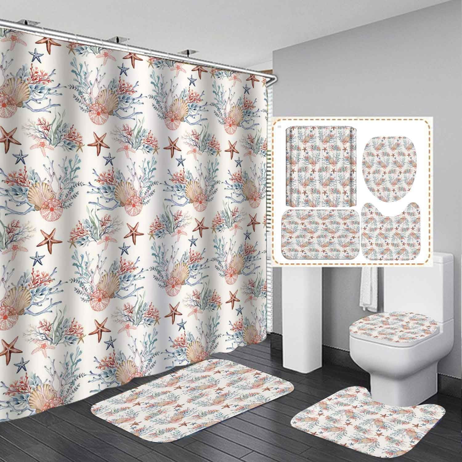 4PCS Beach Shower Curtain Sets With Rugs, Waterproof Fabric Teal Shower ...