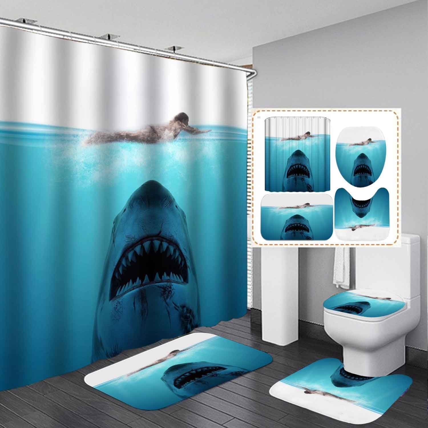 4PCS Beach Shower Curtain Sets With Rugs, Waterproof Fabric Teal Shower ...