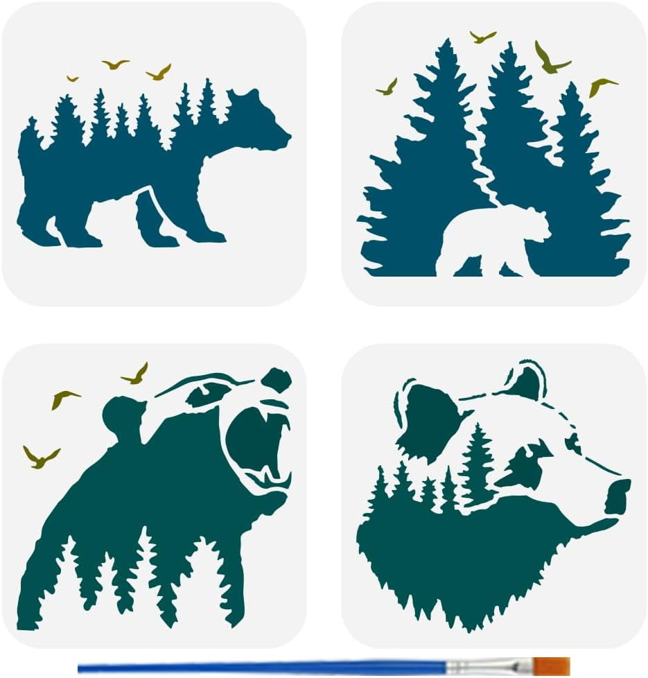 4PCS Bear DIY forest Stencils DIY for Painting with Brush 5.9x5.9inch ...