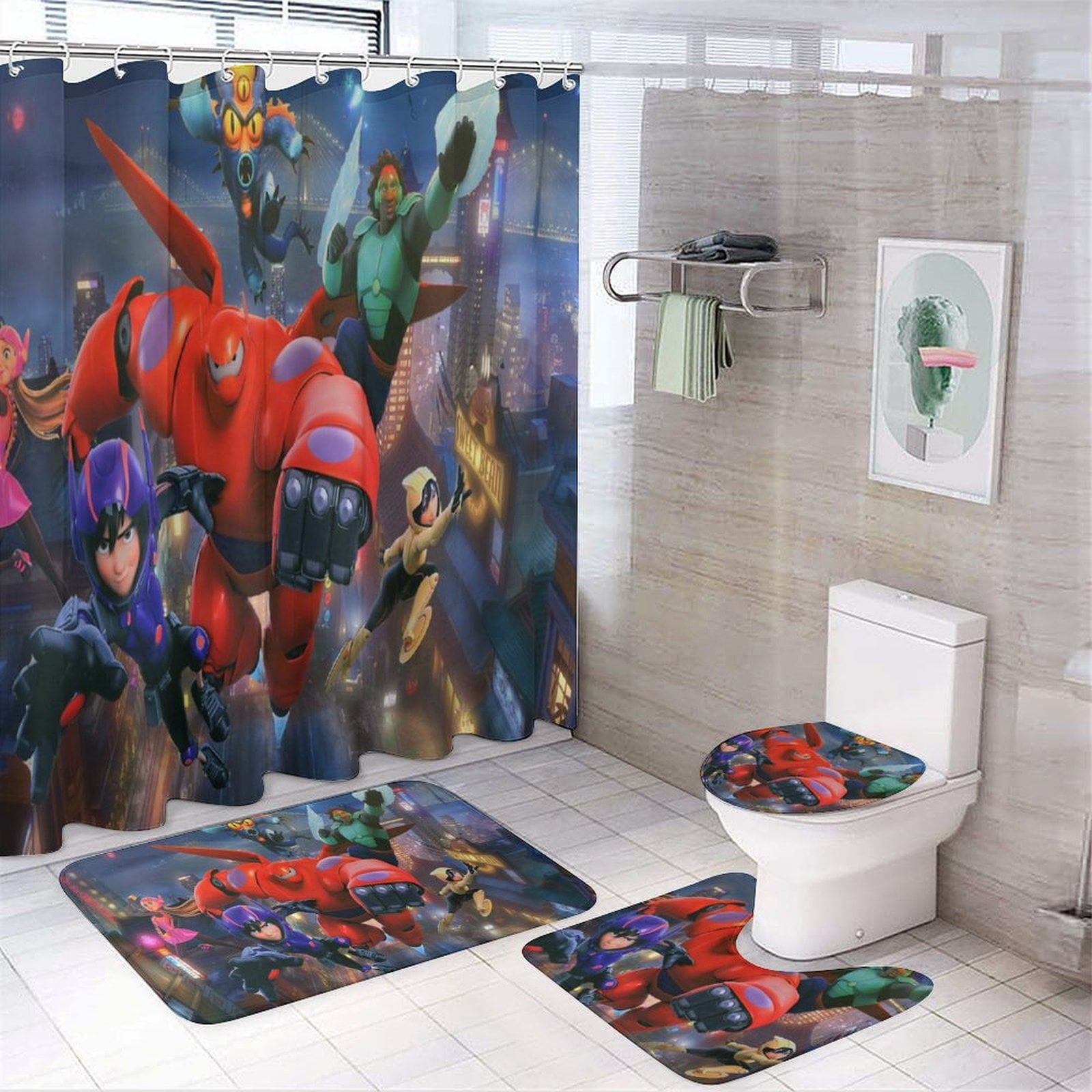 4PCS Bay-Max Shower Curtain Set with Non-Slip Rugs Toilet Lid Cover and ...