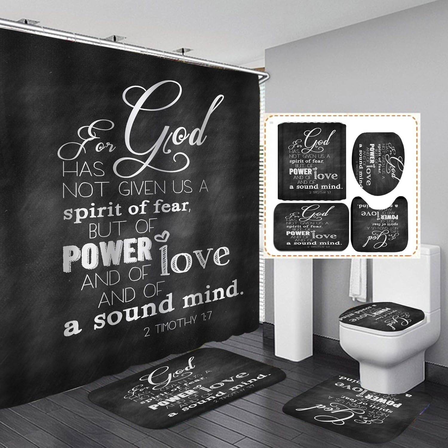 4PCS Black Bathroom Decor Inspirational Quotes Shower Curtain Set with ...