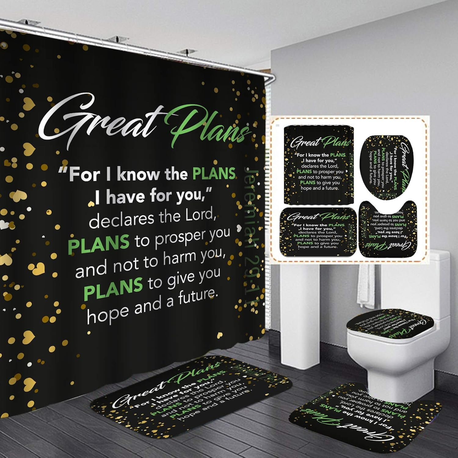 4PCS Black Bathroom Decor Inspirational Quotes Shower Curtain Set with ...
