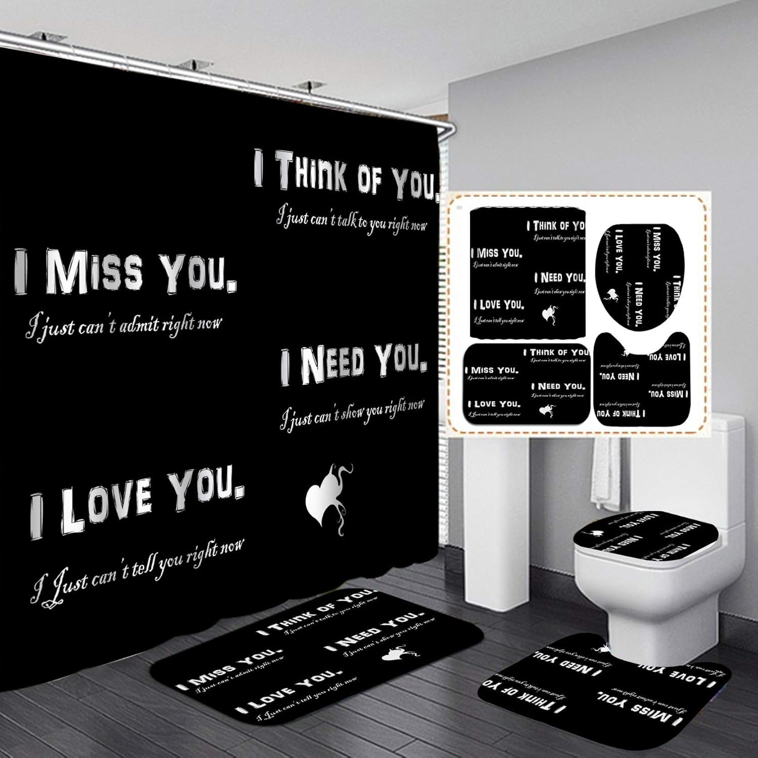 4PCS Black Bathroom Decor Inspirational Quotes Shower Curtain Set with ...