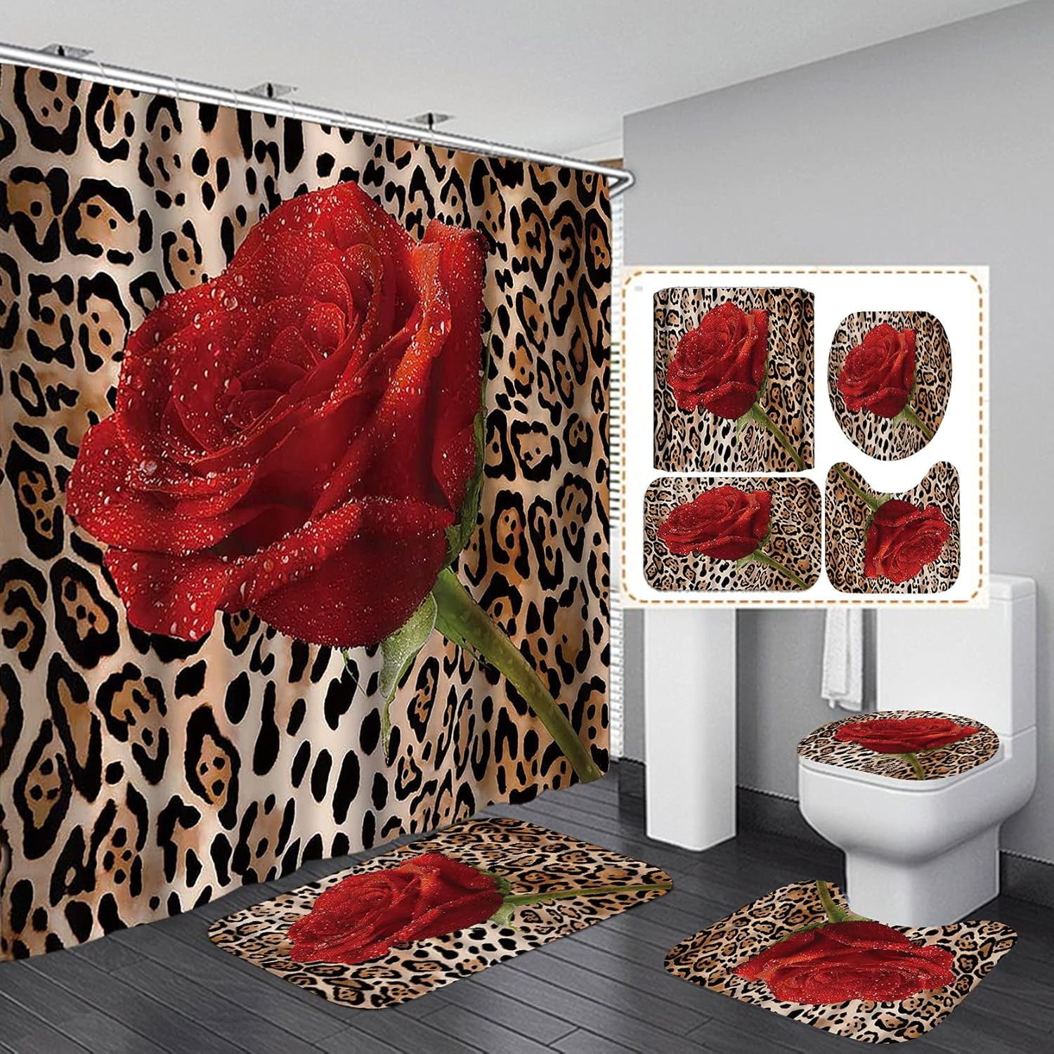 4PCS Black Brown Leopard Shower Curtain Sets with Rugs, Waterproof ...