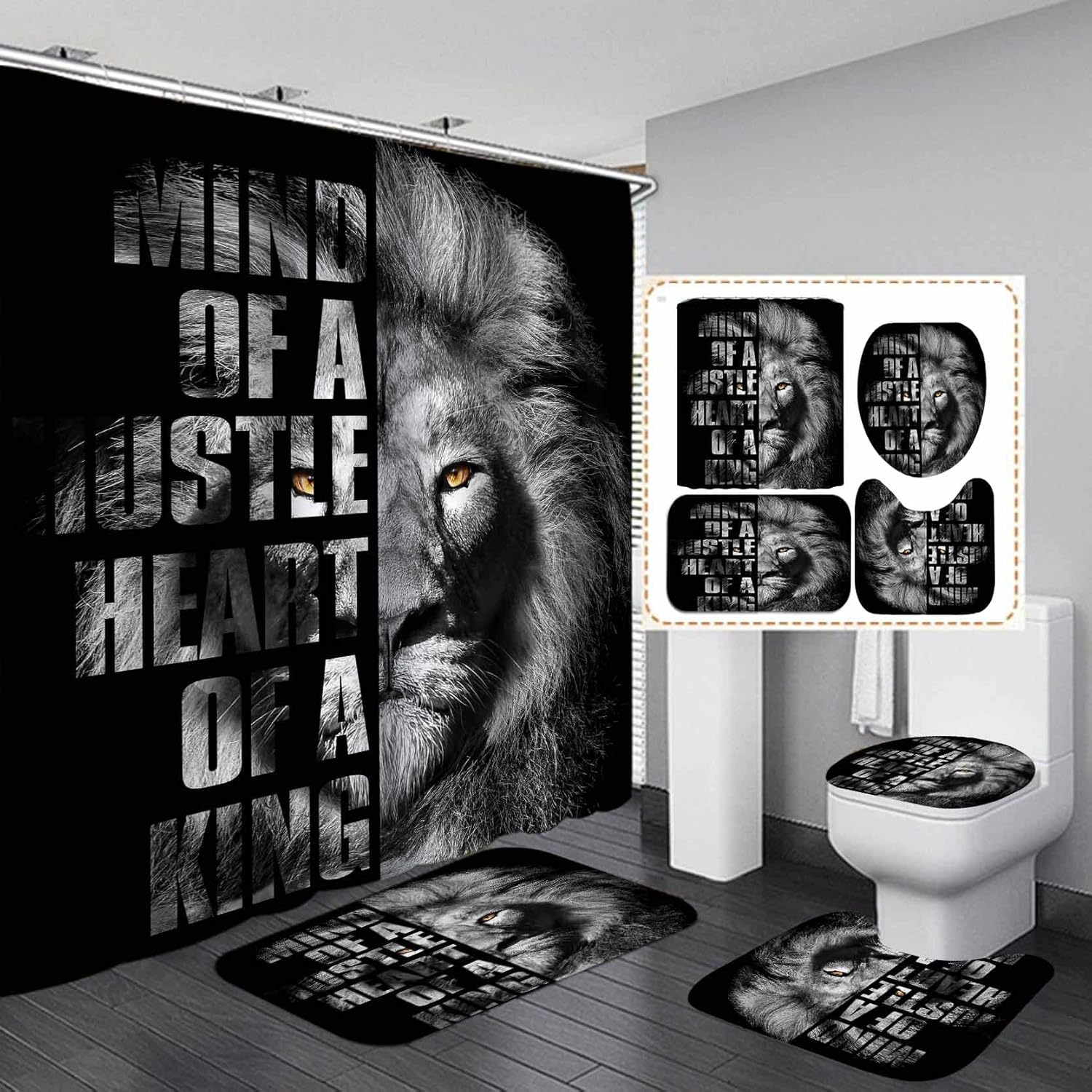 4PCS Black Lion Couple with Gold Crown Shower Curtain Set, Jungle ...