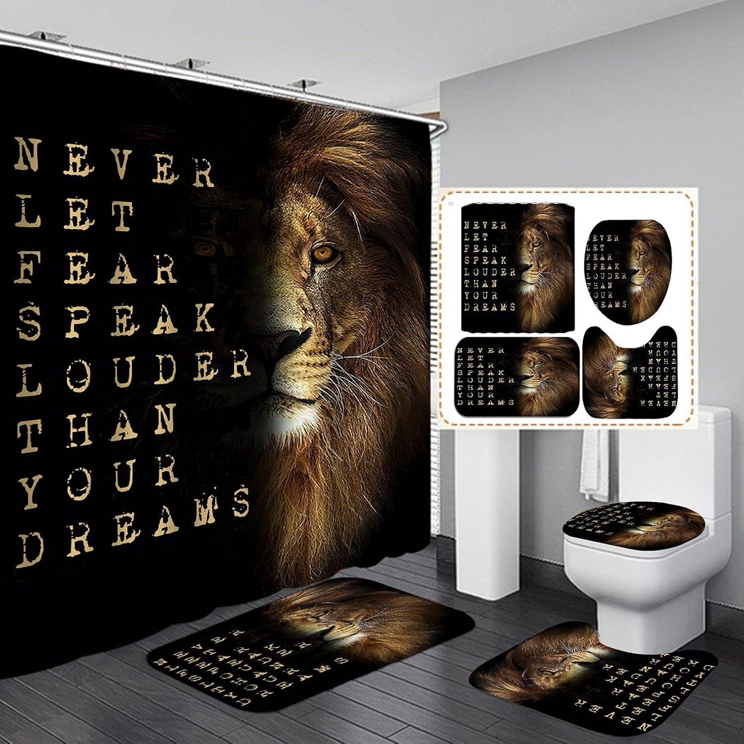 4PCS Black Lion Couple with Gold Crown Shower Curtain Set, Jungle ...