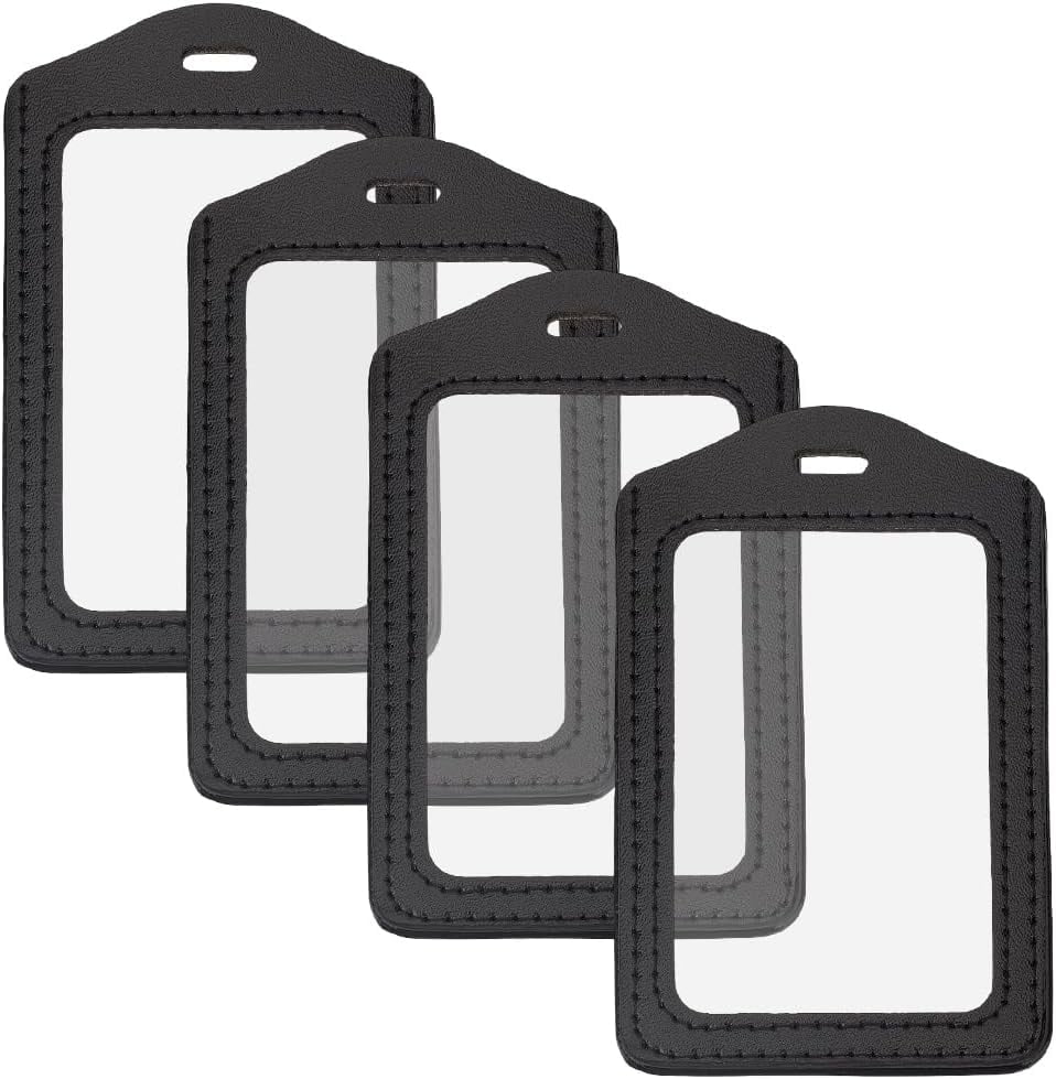 4PCS Black PU Leather ID Badge Holder Black Vertical Double Side Clear ...