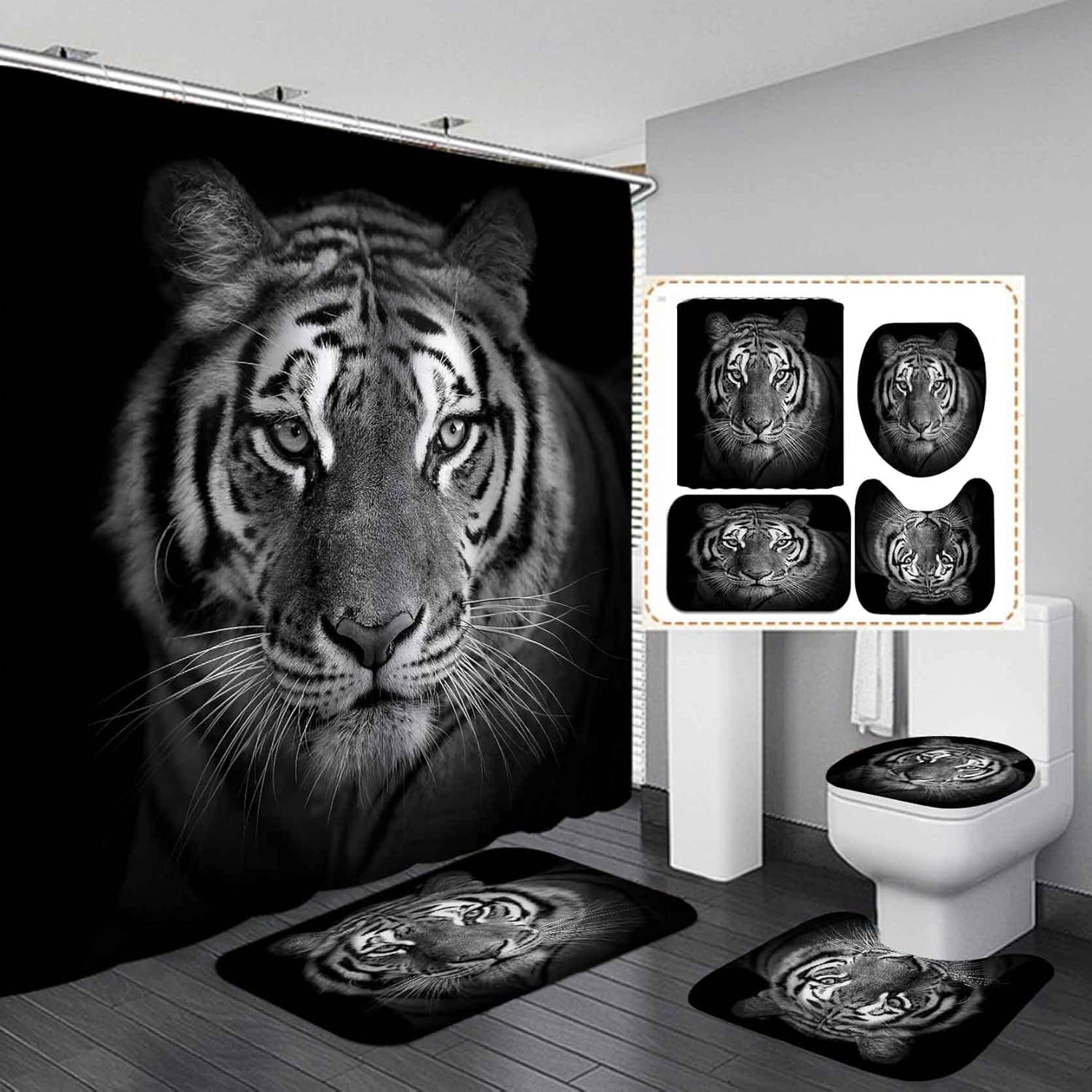 4PCS Black Panther Leopard Cheetah Tiger Lion Shower Curtain Sets with ...