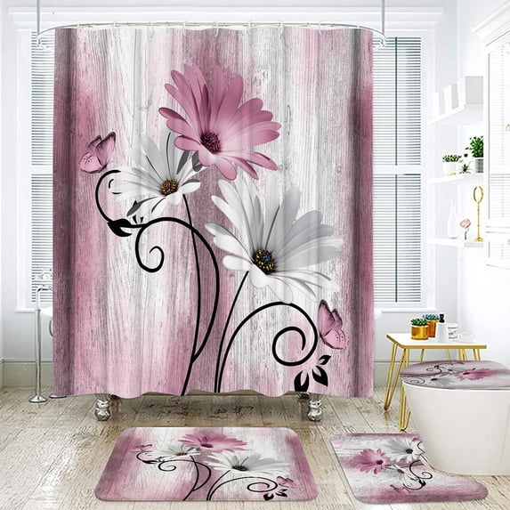 4PCS Blue Daisy Flowers Plants Shower Curtain Set, Shower Curtain and ...