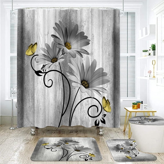 4PCS Blue Daisy Flowers Plants Shower Curtain Set, Shower Curtain and ...