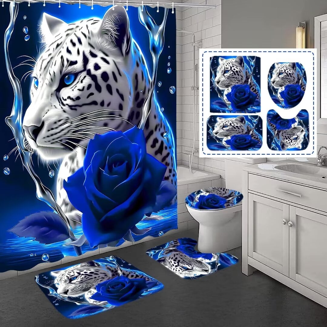 4PCS Blue Rose and Leopard Shower Curtain Bathroom Set with Non-Slip ...