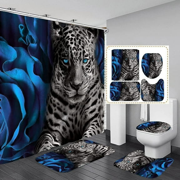 4Pcs Bathroom Shower Curtain Sets with Non-Slip Rugs, Leopard Lion Rose ...