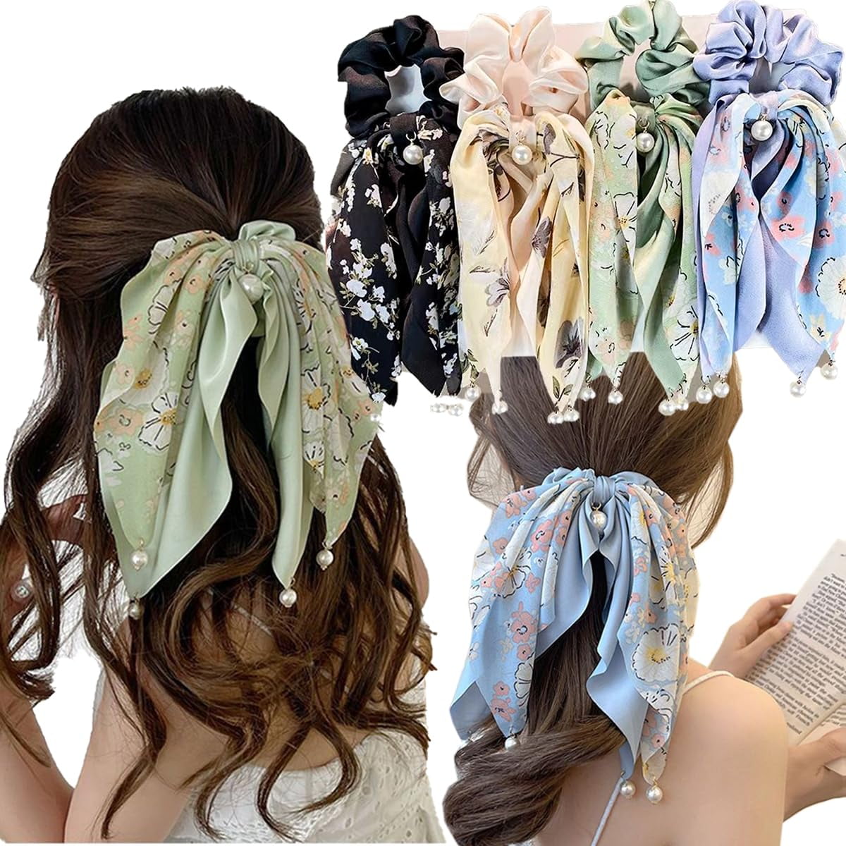 4PCS Bow Silk Hair Scrunchies, Hair Ties with Bows and Pearl Desgin ...