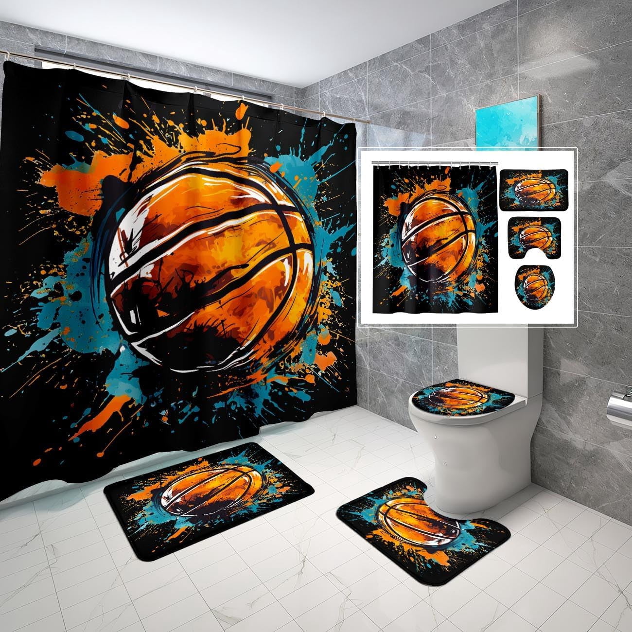 4PCS Boys Shower Curtain Set - Basketball Shower Curtain - Sports ...