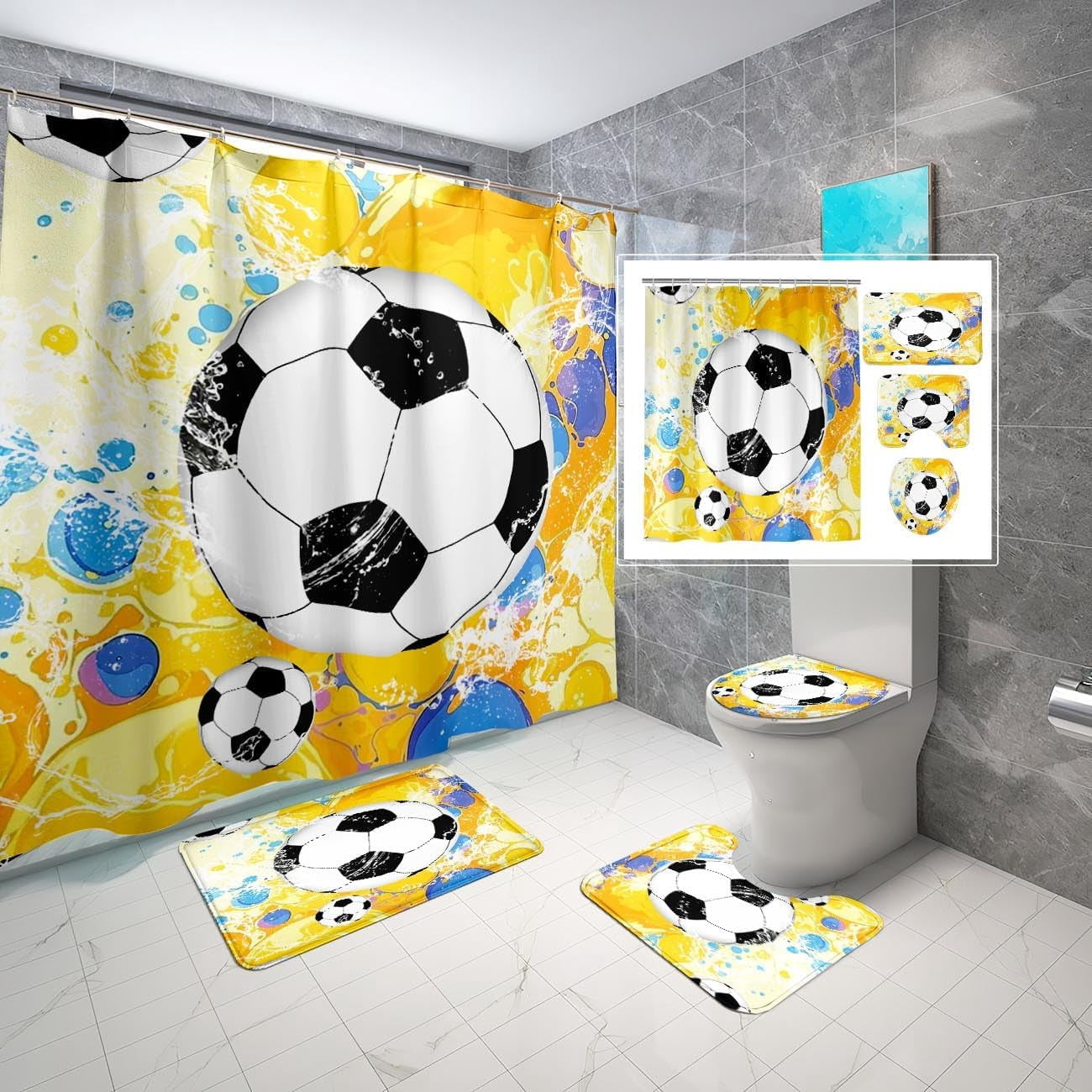 4PCS Boys Shower Curtain Set - Basketball Shower Curtain - Sports ...
