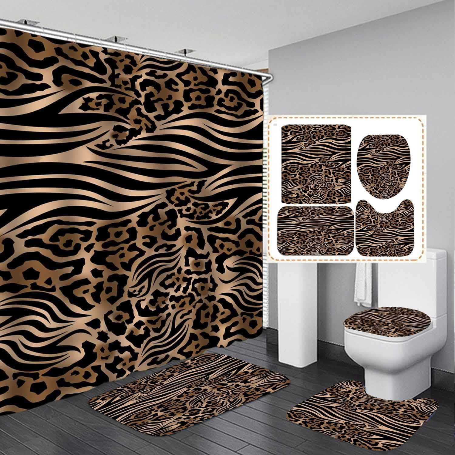 4PCS Leopard Print Shower Curtain Sets with Rugs, Cheetah Print Shower ...