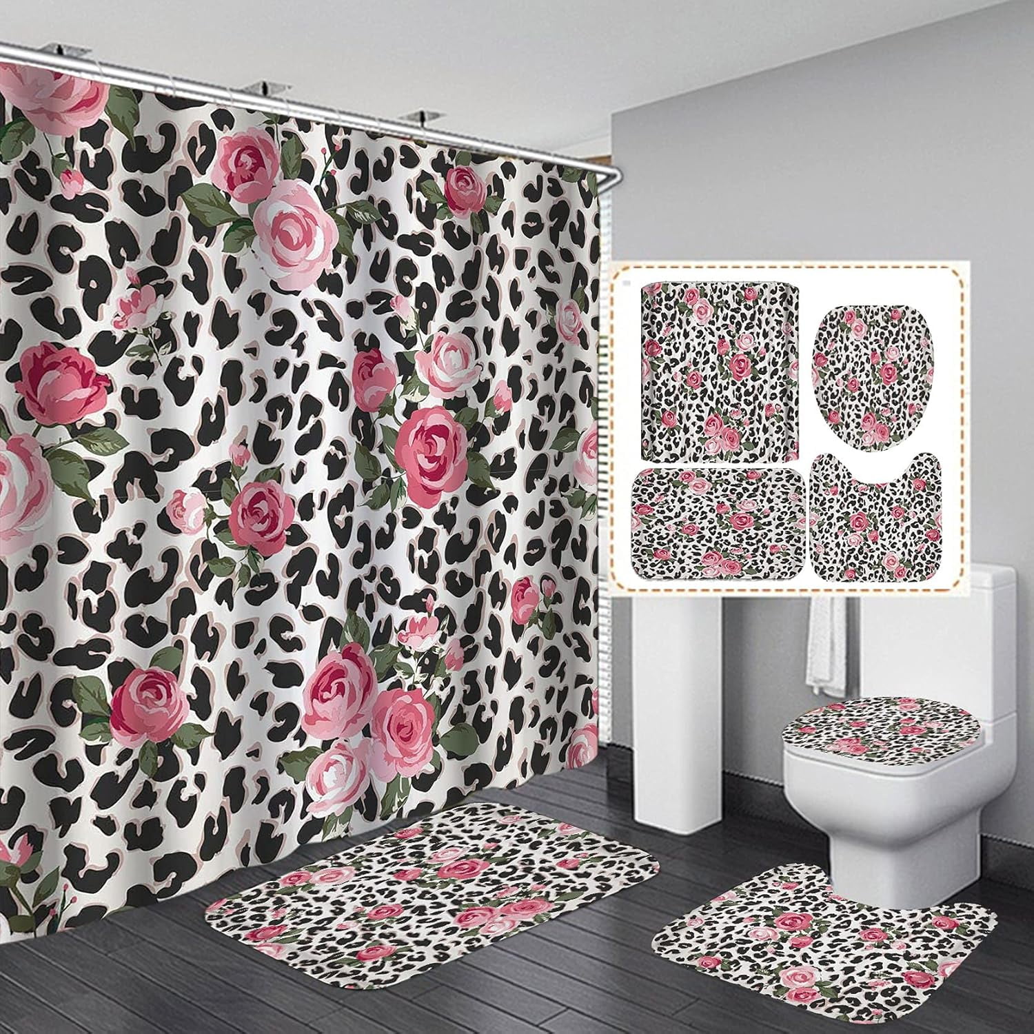 4PCS/Set Fancy Leopard Print Shower Curtain Set, Watercolor Floral ...