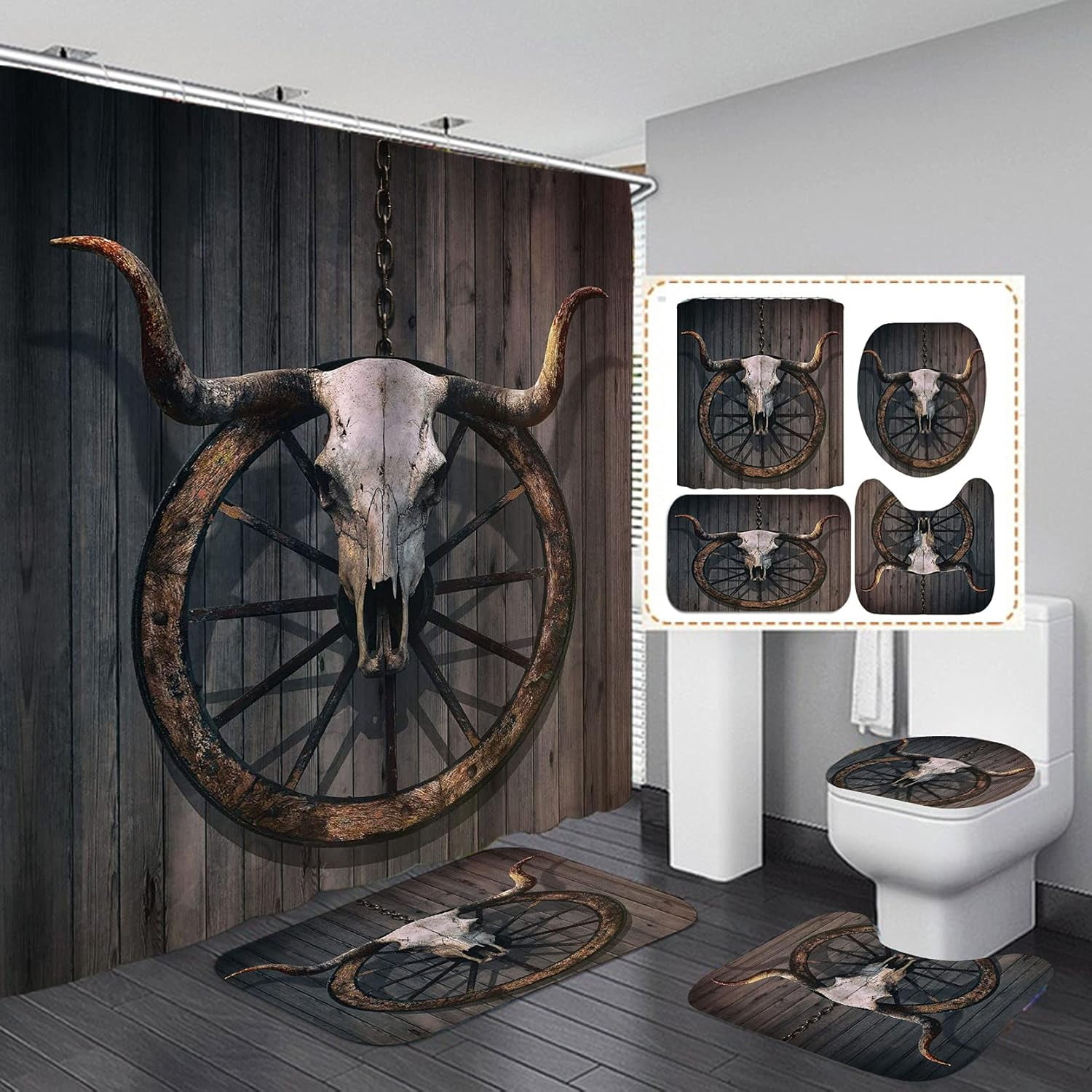 4PCS Bull Skull Shower Curtain Sets, Vintage Wagon Wheel Cow Skull Man ...
