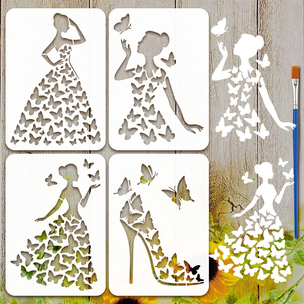 4PCS Butterfly Female Painting Stencil with Plastic Brush 8.3x11.7inch ...