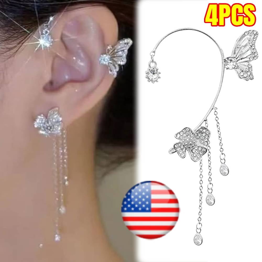 4PCS Butterfly Tassel Zircon Earrings and Ear Cuffs - No Piercing ...