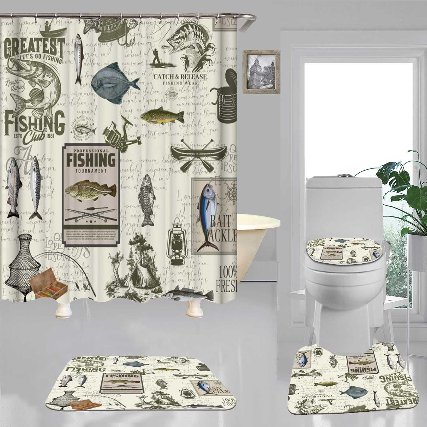 4PCS Cabin Bass Fish Shower Curtain Sets with Rugs, Waterproof Fabric ...