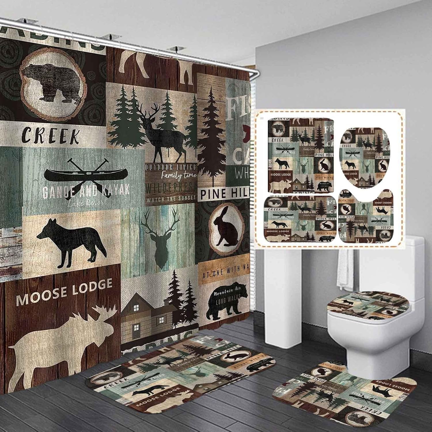 4PCS Cabin Shower Curtain Set, Black Bear Forest Woodland Animal ...
