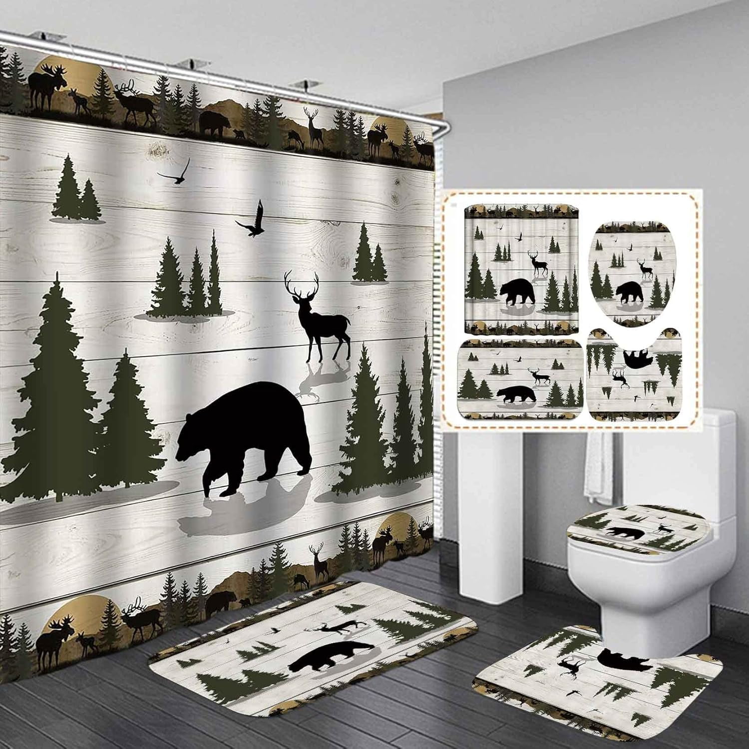 4PCS Cabin Shower Curtain Set, Black Bear Forest Woodland Animal ...