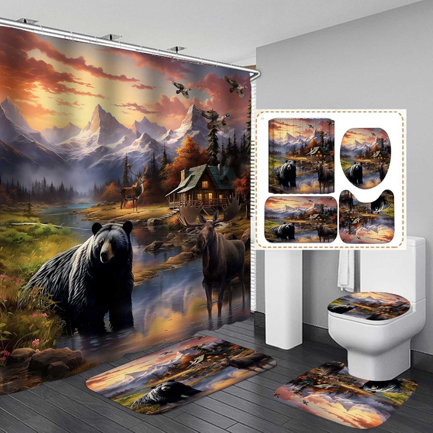 4PCS Cabin Shower Curtain Set, Country Western Texas Star Pine Tree ...