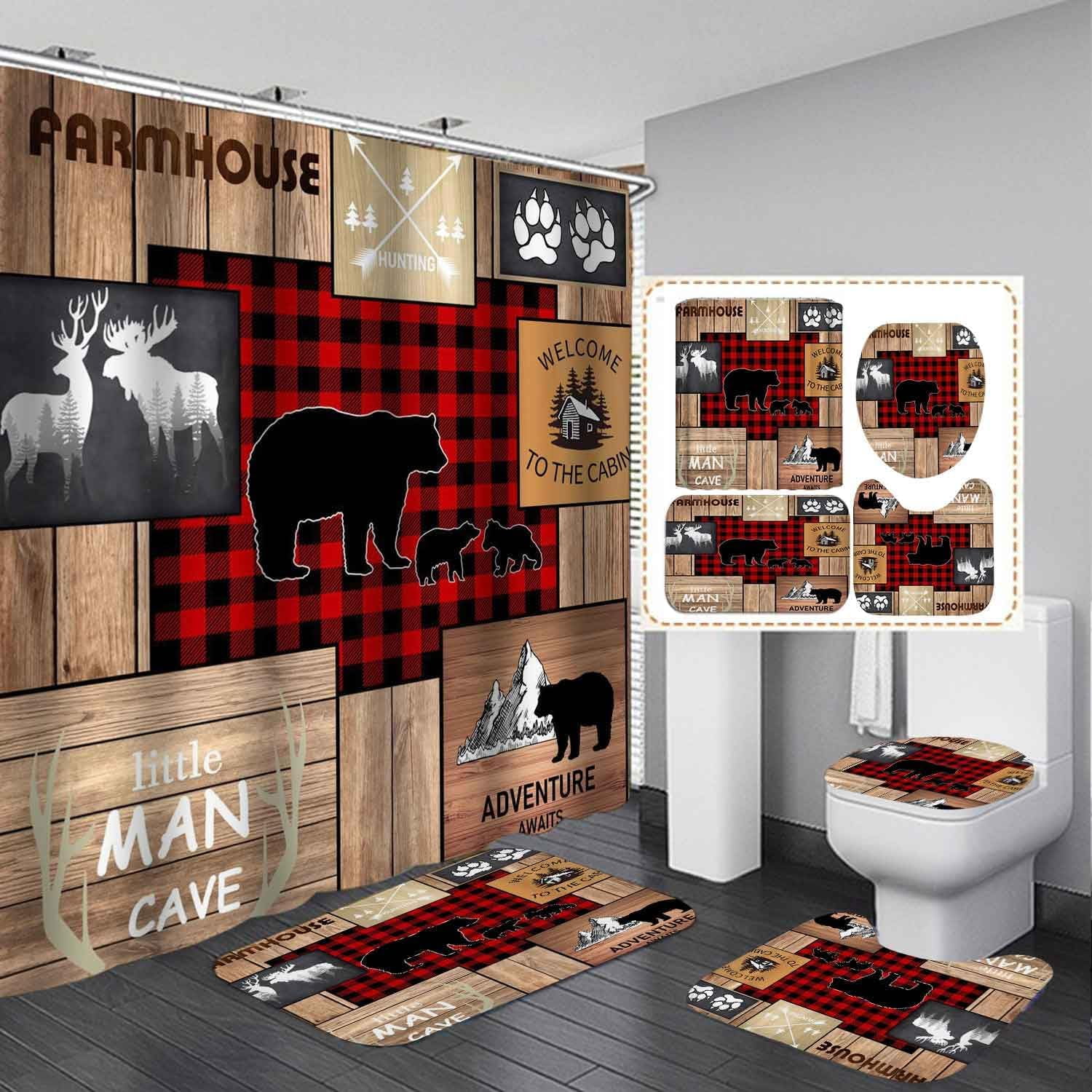 4PCS Cabin Shower Curtain Sets with Rugs, Green Brown Plaid Black Bear ...