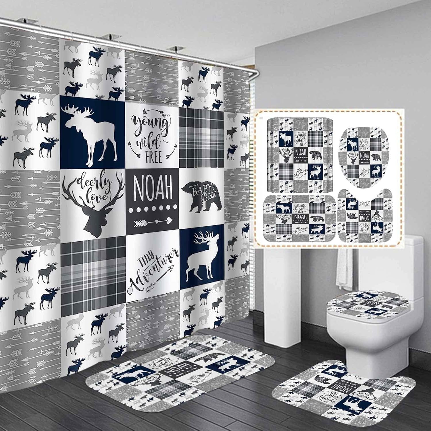 4PCS Deer Shower Curtain Set, Moose Elk Bear Pine Tree Woodland Animal ...