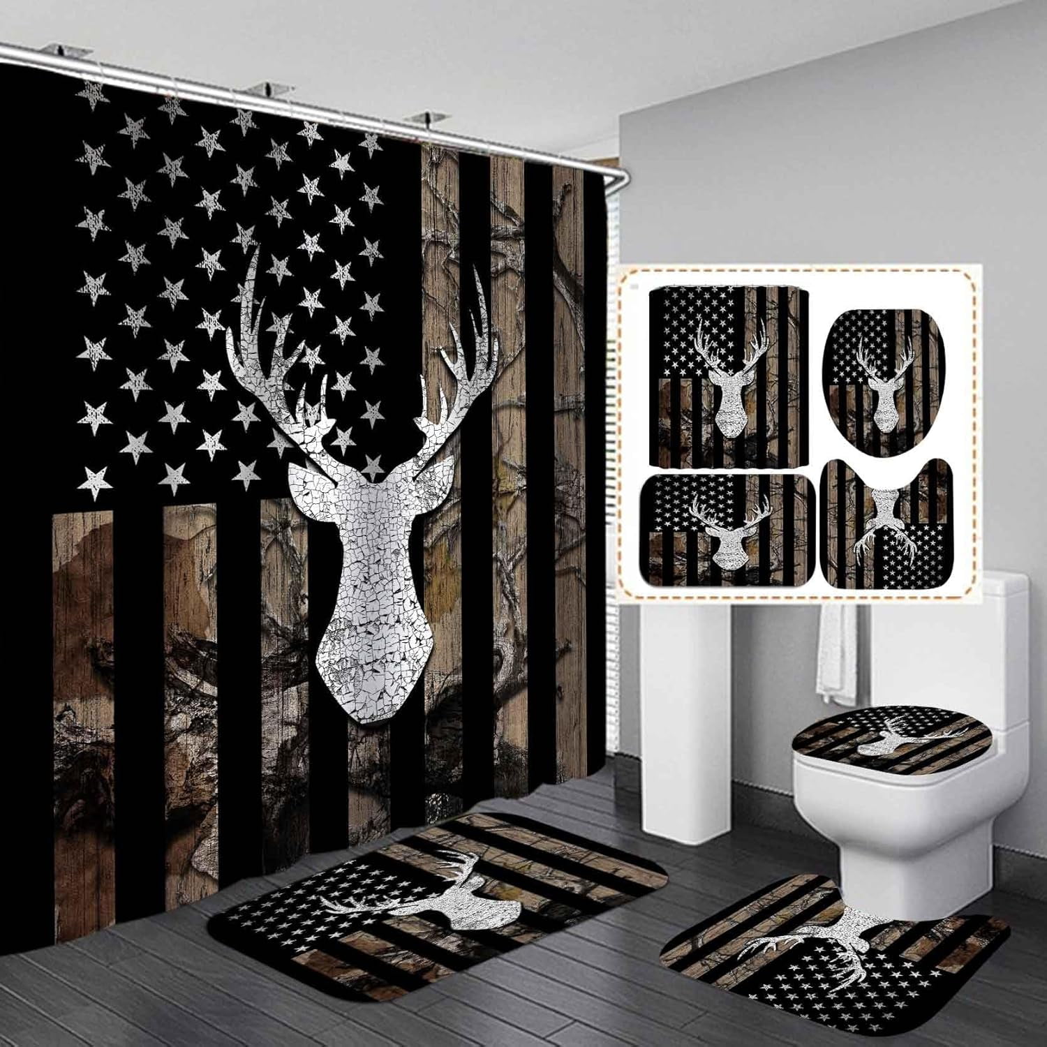 4PCS Camo Deer Shower Curtain Set, Camouflage American Flag Elk Moose ...