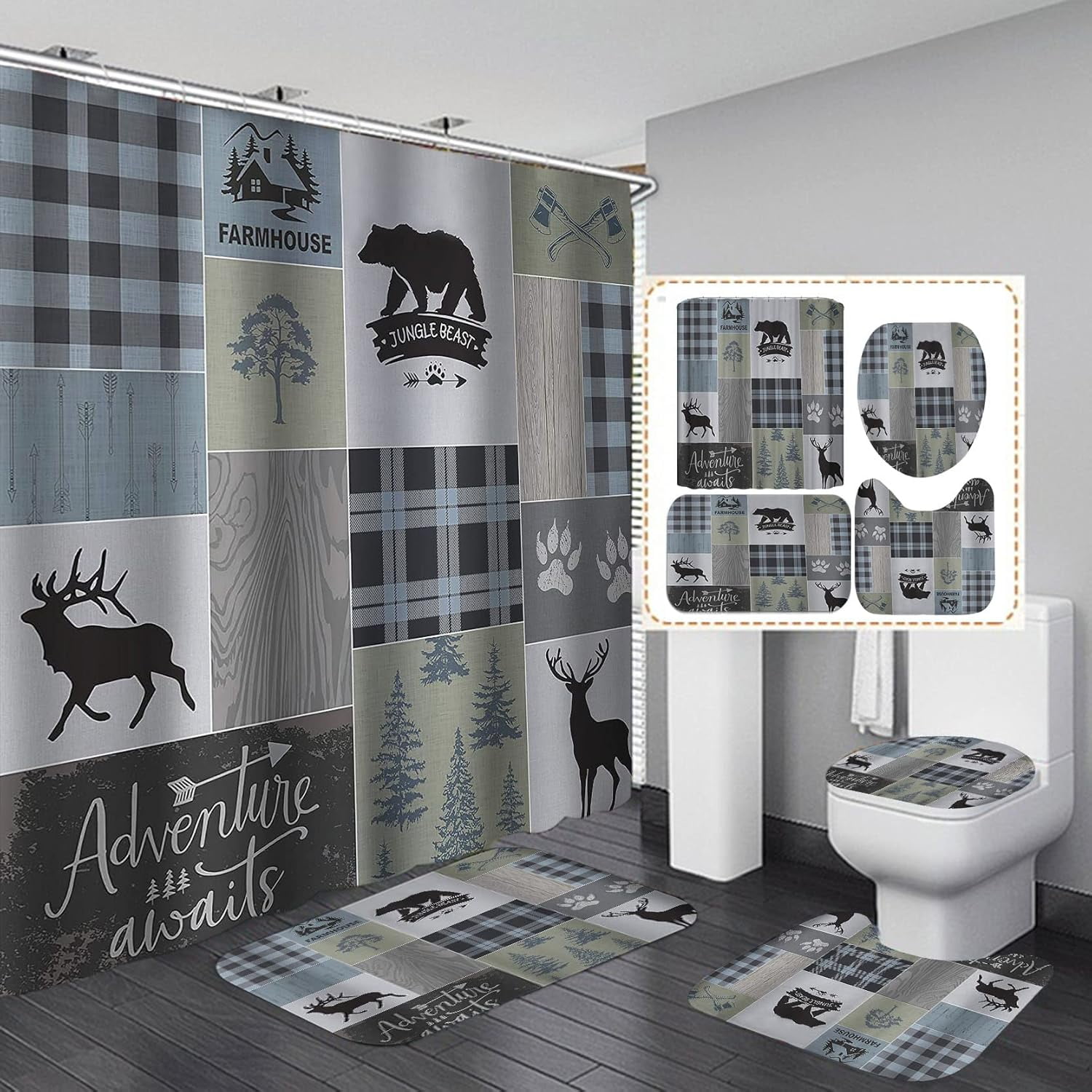 4PCS/Set Black Rustic Deer Fabric Shower Curtain, Moose Elk Pine Tree ...