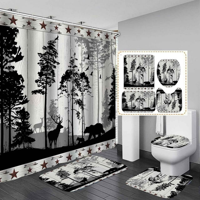 4PCS Camo Shower Curtain Sets With Rugs, Waterproof Fabric Black Orange ...