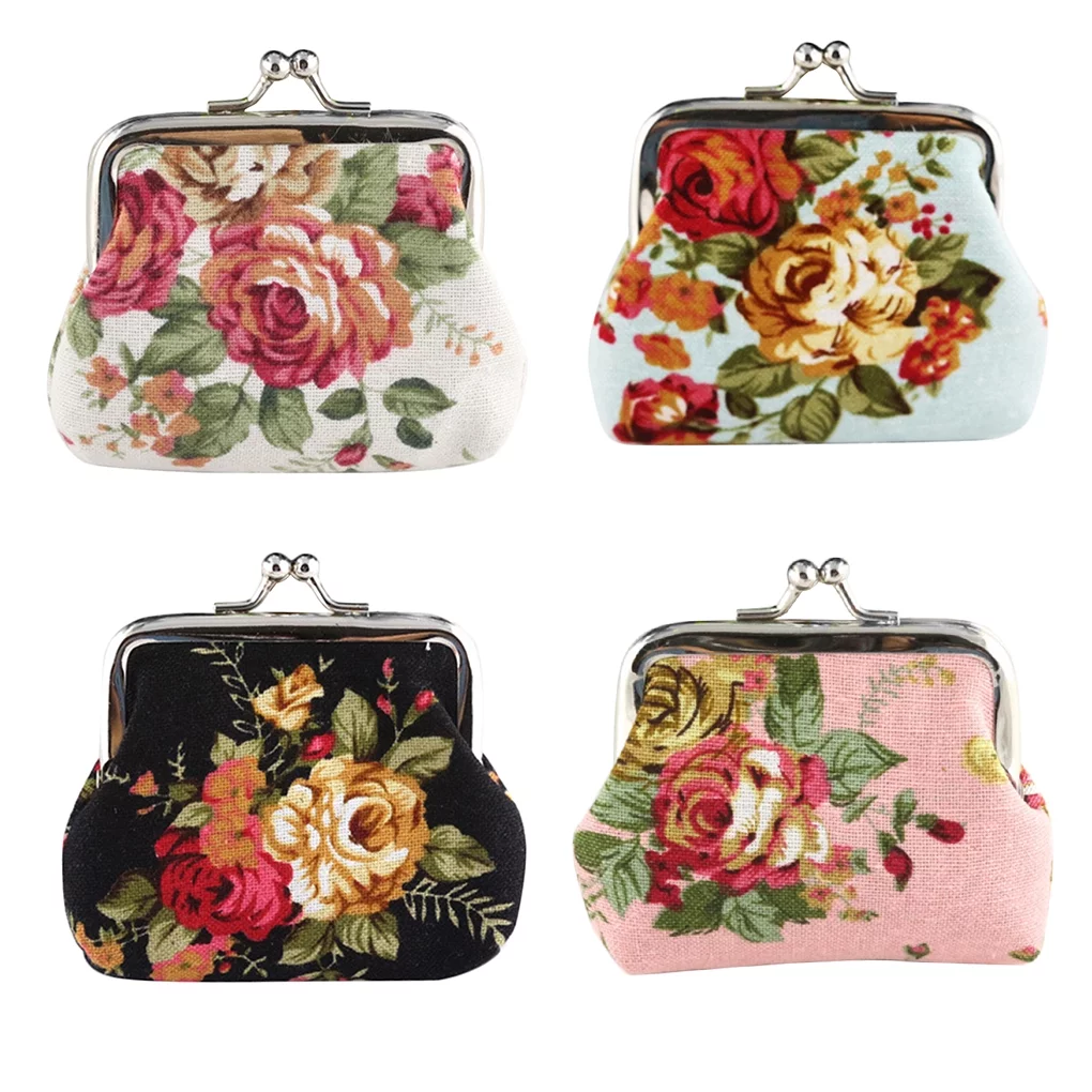 4PCS Canvas Floral Rose Flower Coin Purse Kiss Lock Change Purse ...